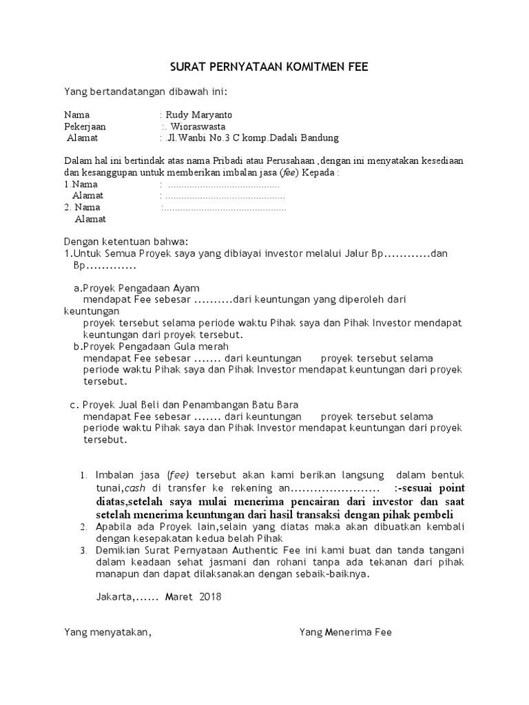 Surat Pernyataan Komitmen Fee | PDF