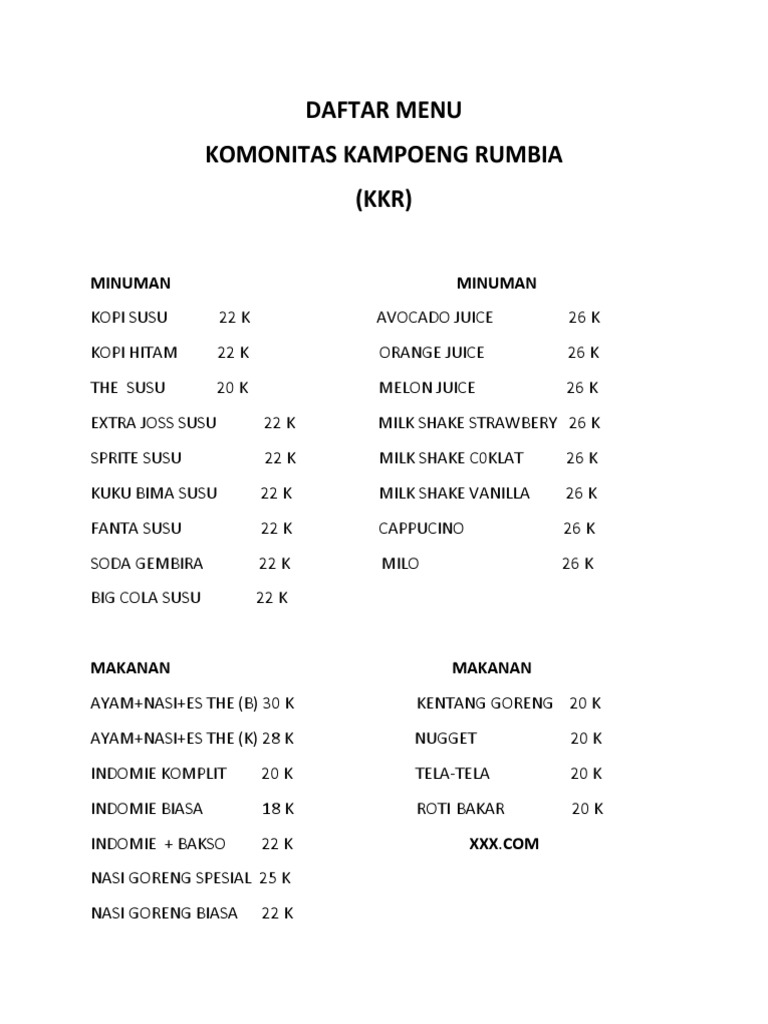 Daftar Menu Komonitas Kampoeng Rumbia (KKR) | PDF