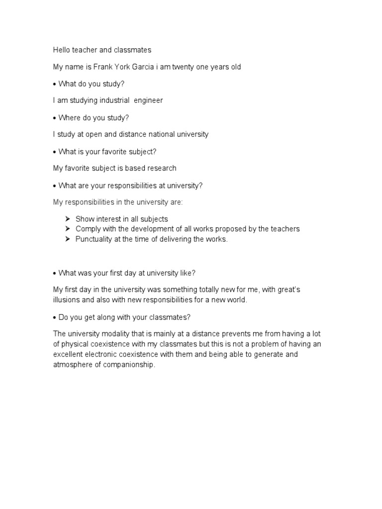 Hello Teacher and Classmates | PDF
