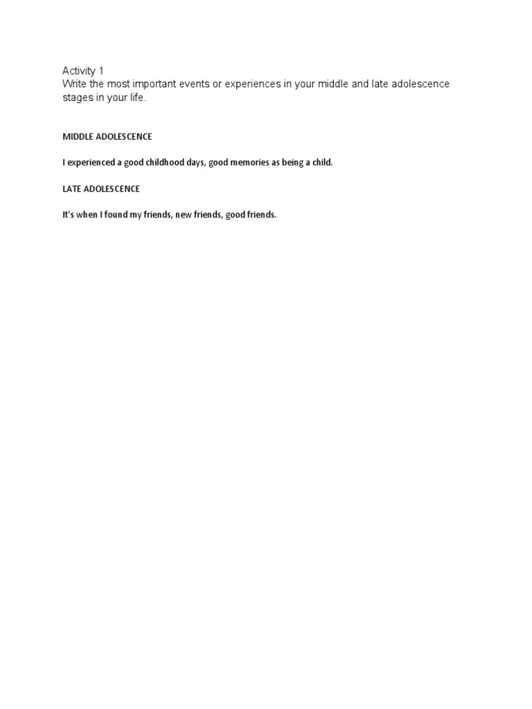 Activity 1 Write The Most Important Events or Experiences in Your ...