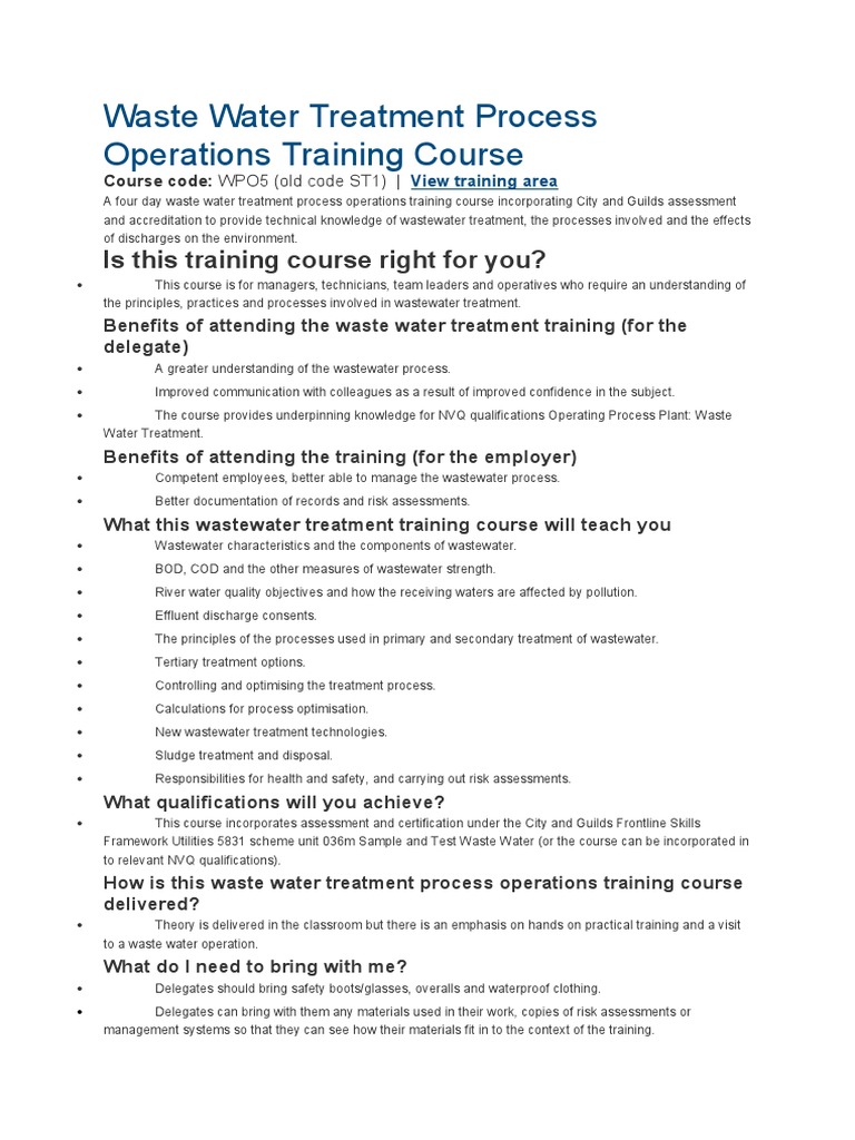 Wastewater Treatment Operations Training | PDF | Wastewater | Sewage ...