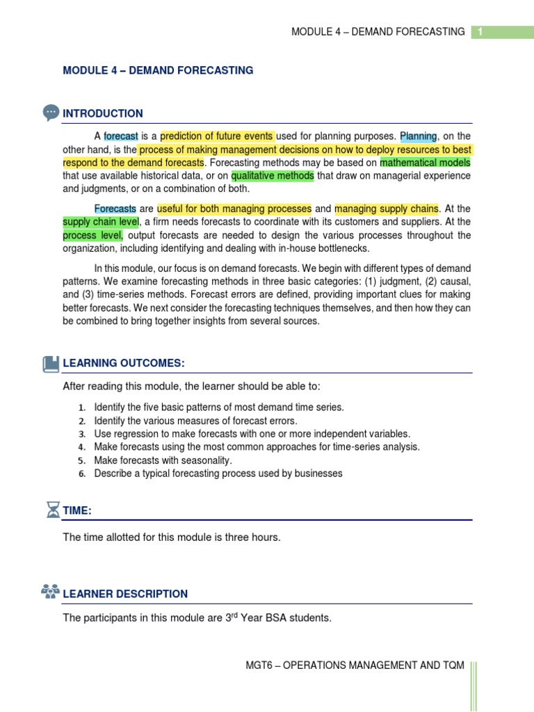 Demand Forecasting: After Reading This Module, The Learner Should Be ...