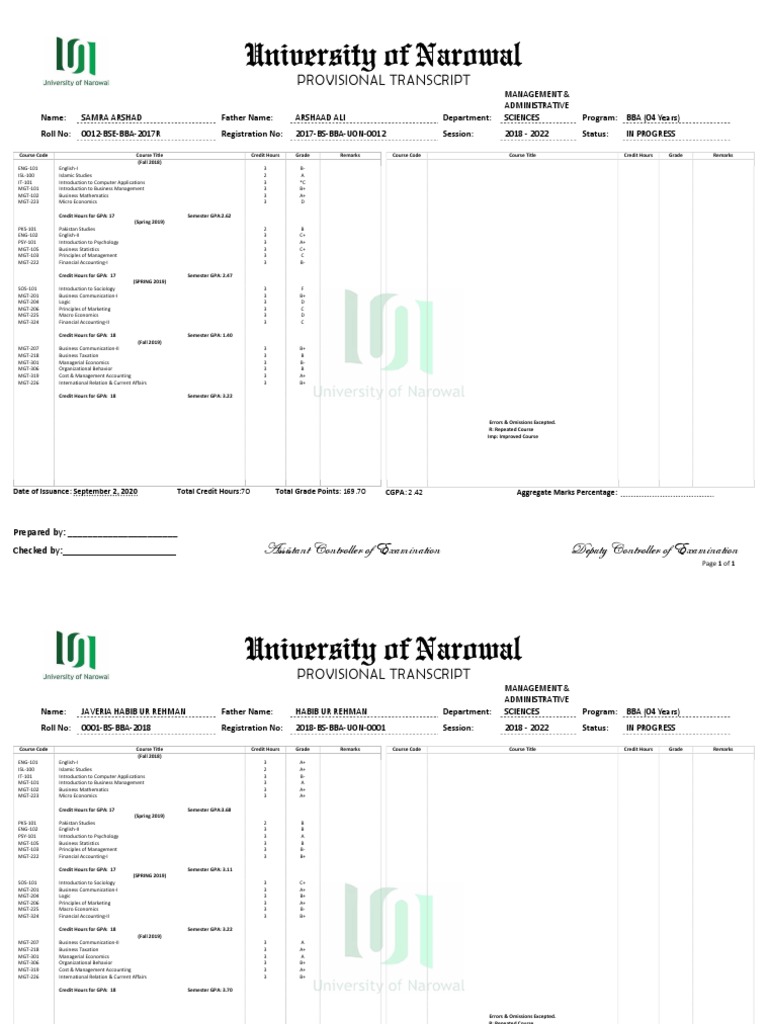 University of Narowal: Provisional Transcript | PDF | Course Credit ...