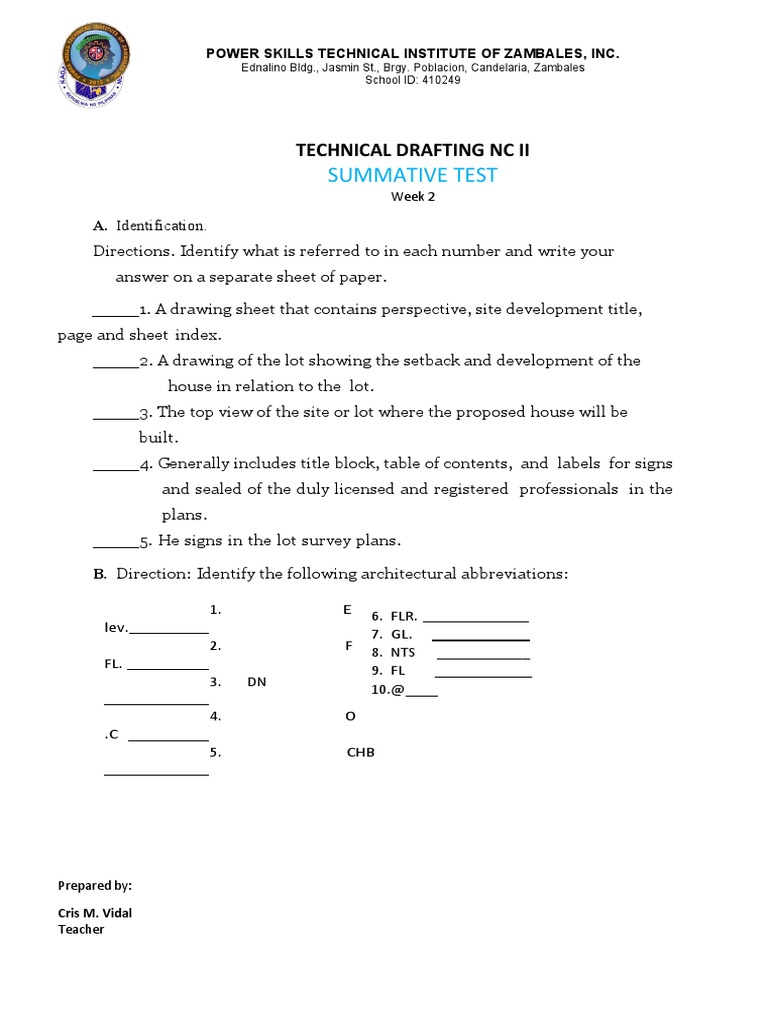 Technical Drafting NC Ii Summative Test Week 2 | PDF