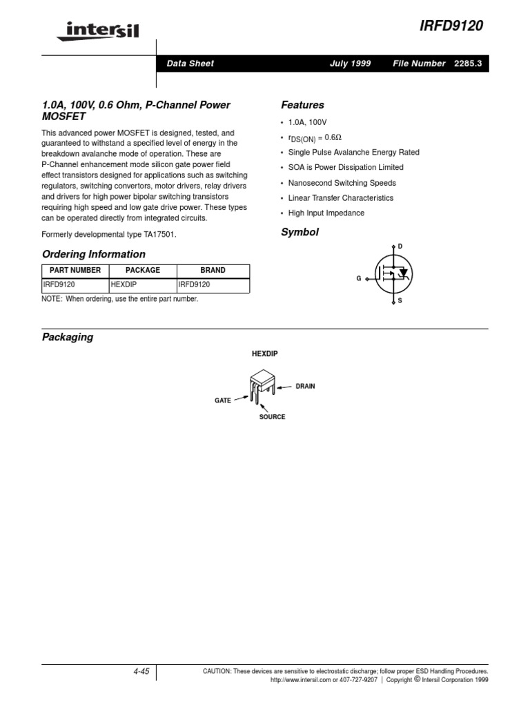 IRFD9120: 1.0A, 100V, 0.6 Ohm, P-Channel Power Mosfet Features | PDF ...