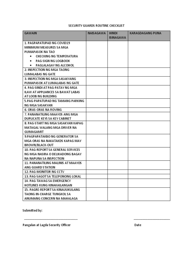 Security Guards Routine Checklist | PDF