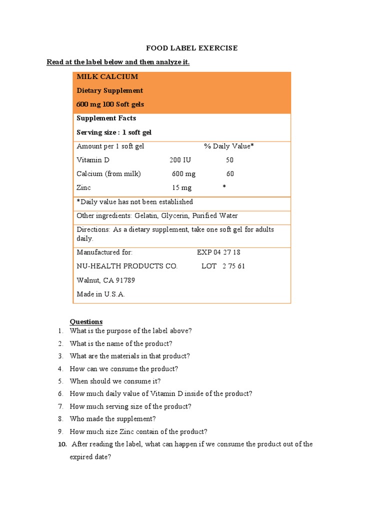 Food Label Exercise | PDF