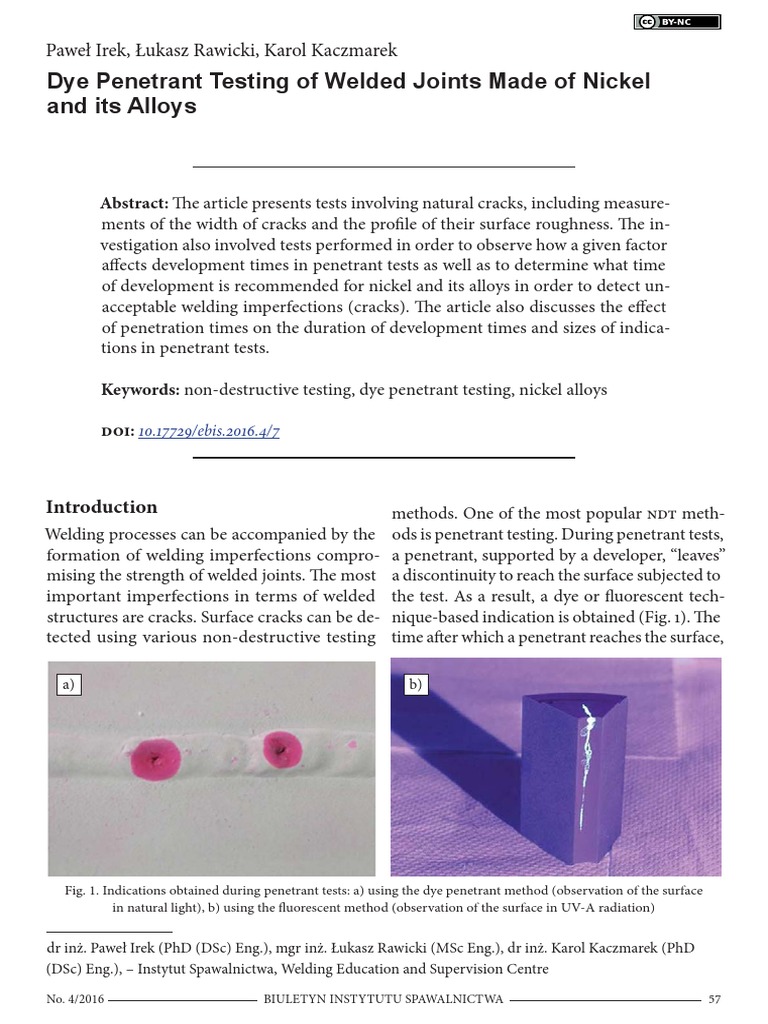 Dye Penetrant Testing of Nickel Welds | PDF | Surface Roughness ...