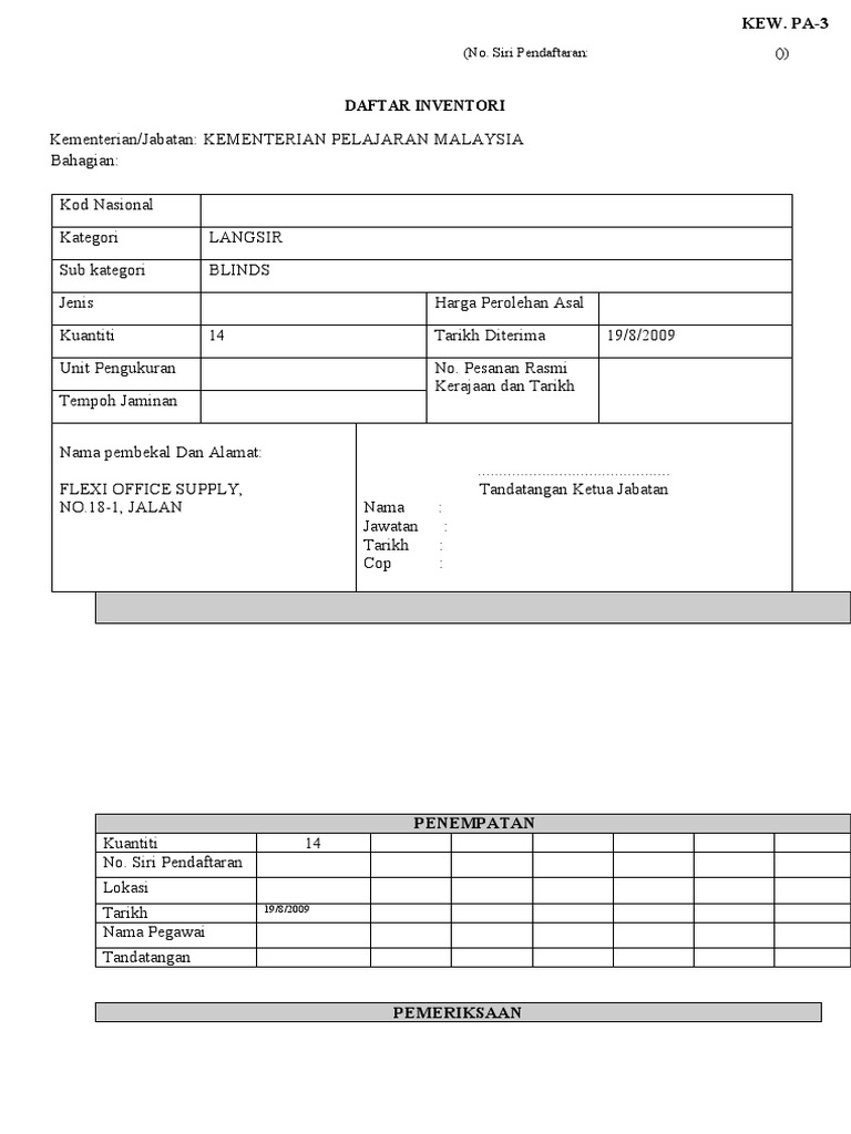 Contoh Kad Daftar Inventori | PDF
