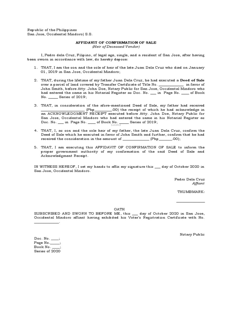 Affidavit of Confirmation of Sale | PDF | Affidavit | Notary Public