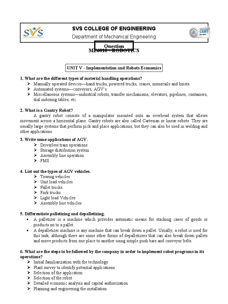Robotics Unit-5 Question Bank | PDF | Automation | Robot