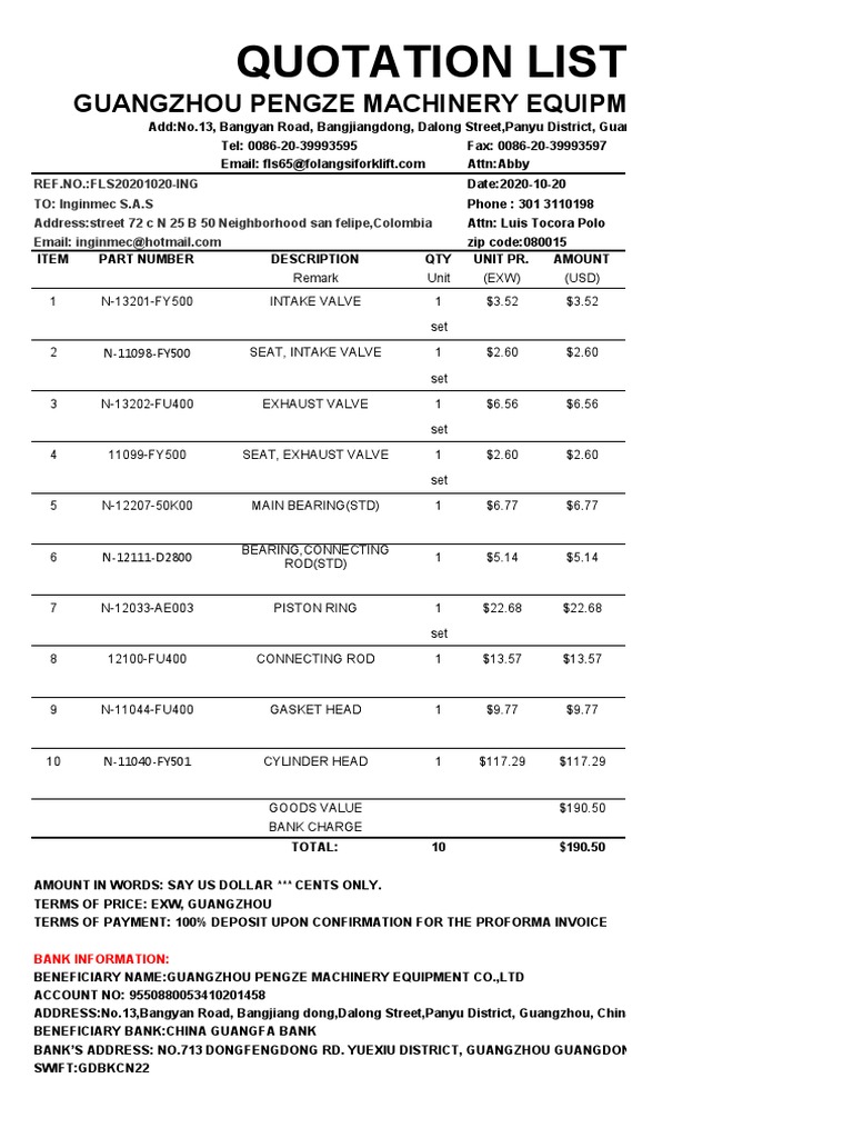 2020-10-20 Quotation List | PDF | Rotating Machines | Vehicle Parts