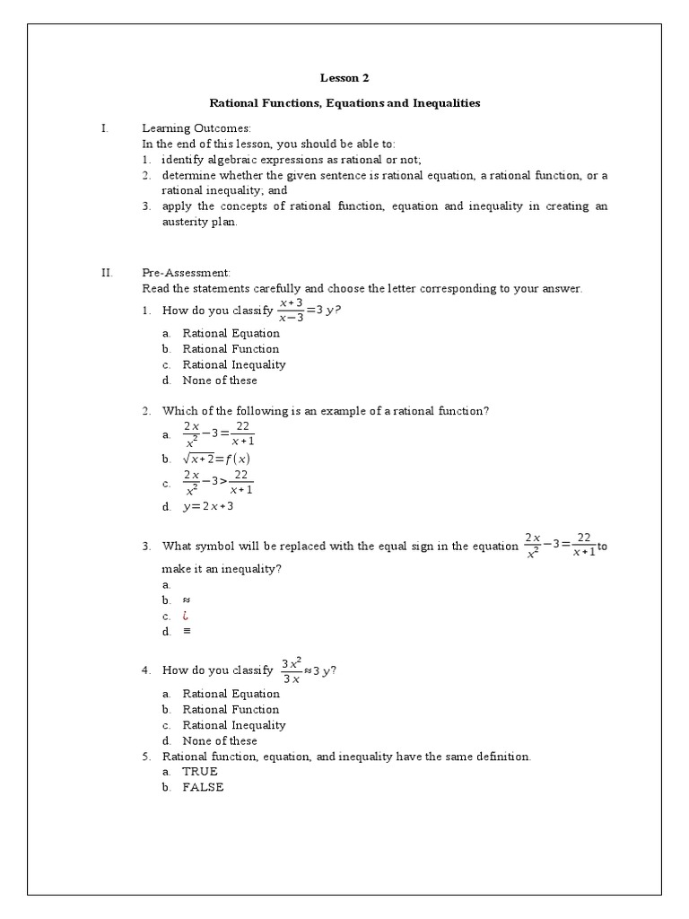 Lesson 2 Rational Functions, Equations and Inequalities | PDF ...