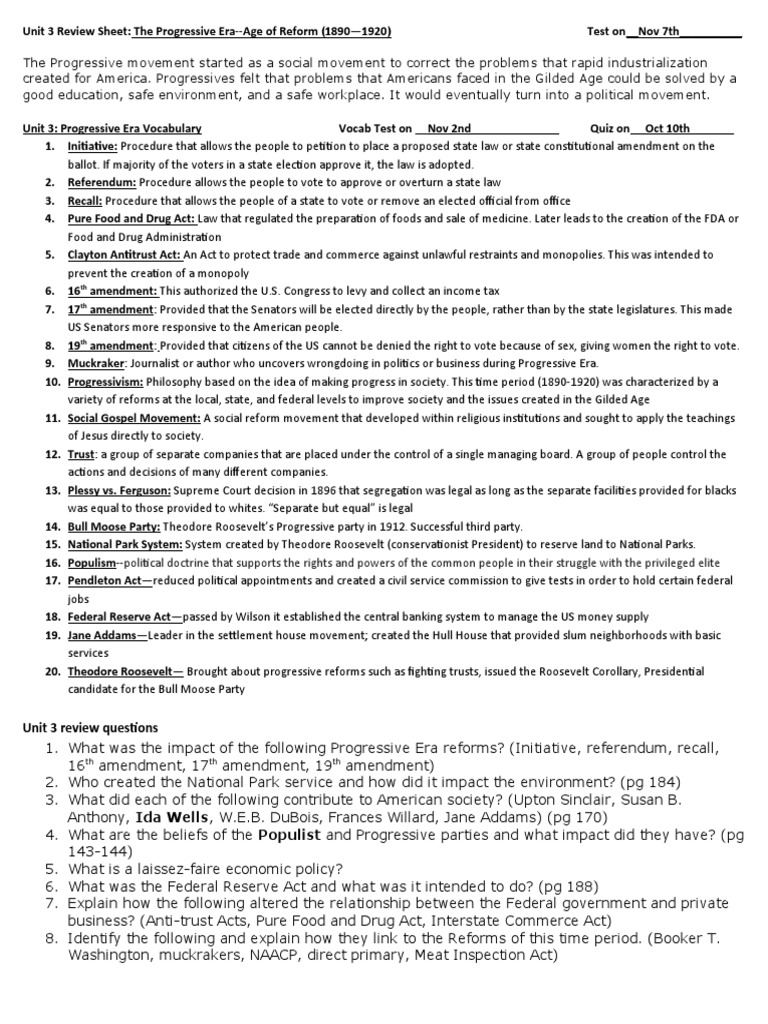 Unit 3 Review Sheet | PDF | Progressivism In The United States ...