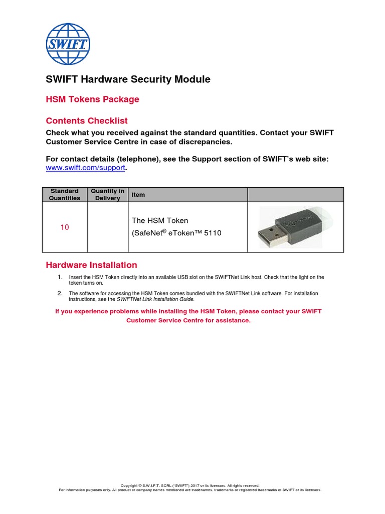 SWIFT Hardware Security Module: HSM Tokens Package Contents Checklist ...