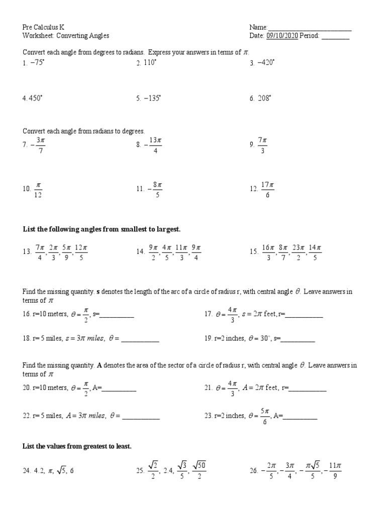 Converting Between Degrees and Radians and Solving Problems Involving ...