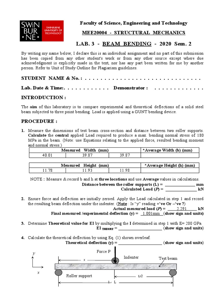 Lab. 3 - Beam Bending - 2020 Sem. 2: Theory | PDF | Bending | Beam ...