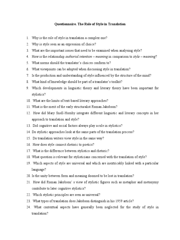 The Role of Style in Translation. Questionnaire | PDF | Translations ...