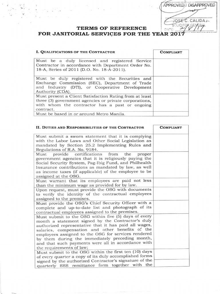 Janitorial Services Terms of Reference | PDF | Social Security (United ...