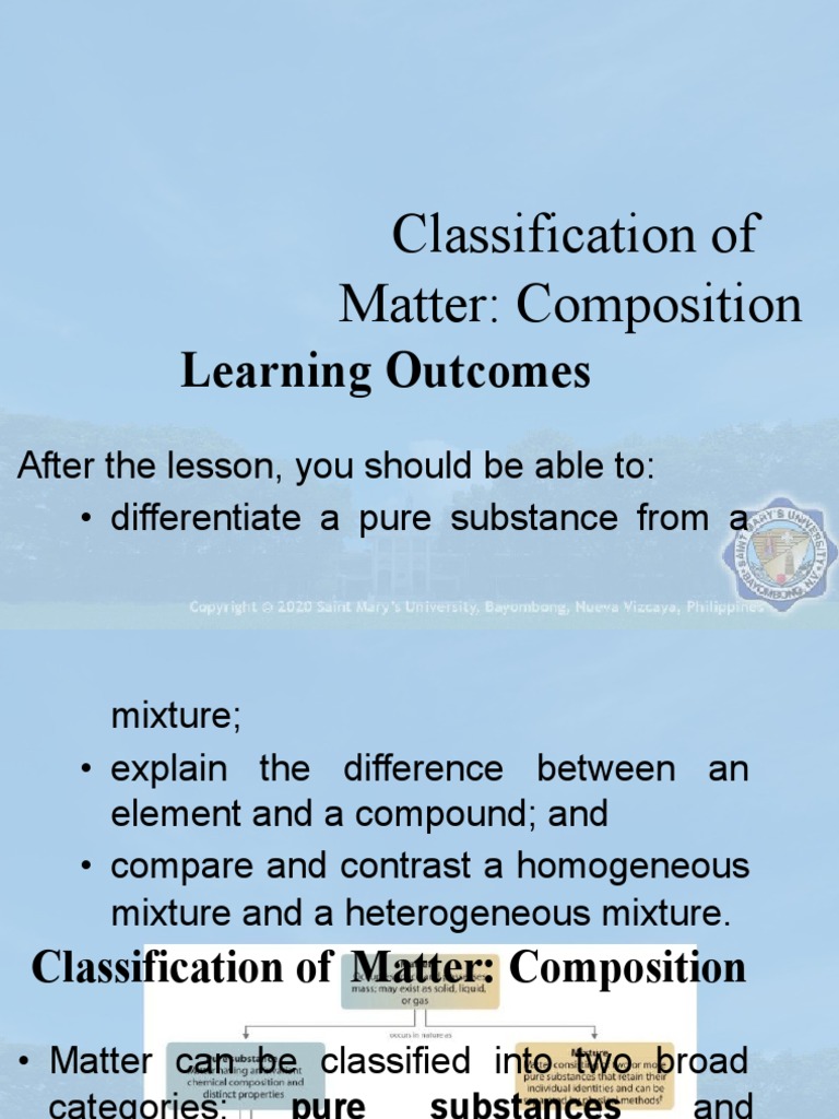 Classification of Matter: Composition: Learning Outcomes | PDF