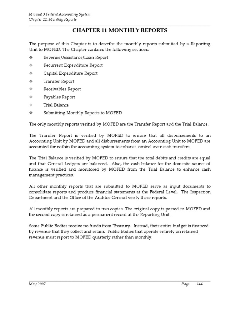 Manual 3 Federal Accounting System Chapter 11. Monthly Reports | PDF ...