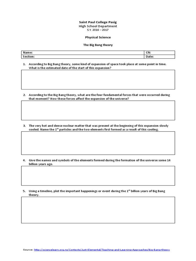 Big Bang Theory Worksheet PDF | PDF | Big Bang | Universe