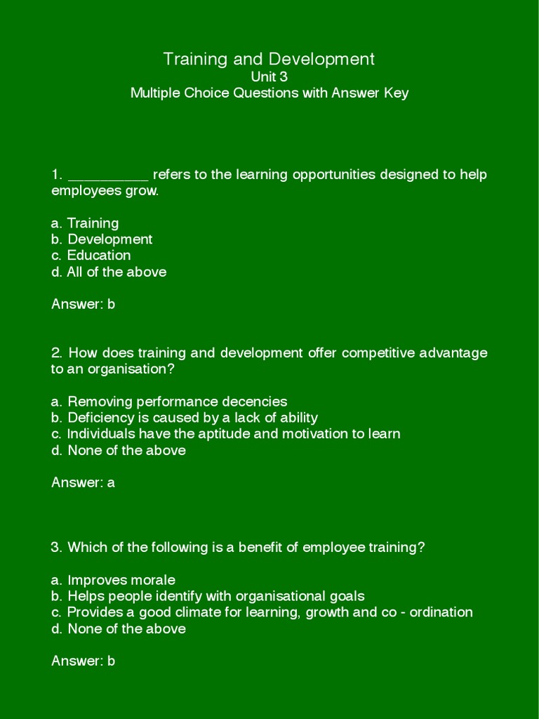 MCQs Unit 3 Training and Development | PDF | Needs Assessment | Goal