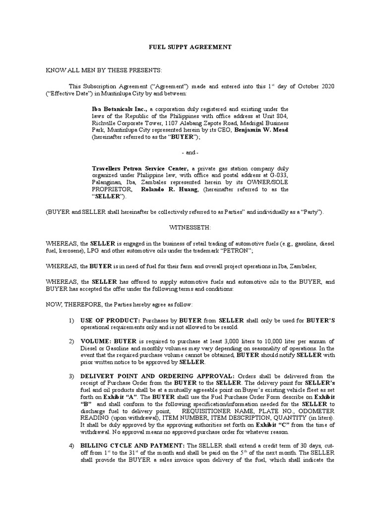 Petron Fuel Supply Agreement | PDF | Receipt | Sales