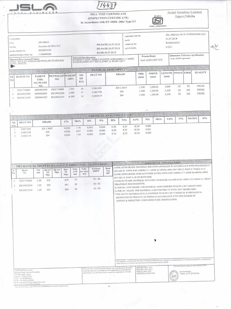 SS 304 Sheet MTC 1.2&1.5mm THK PDF | PDF