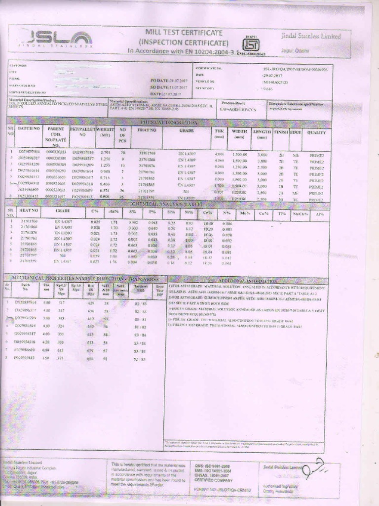 SS 304 Sheet MTC 1.5mm THK PDF | PDF