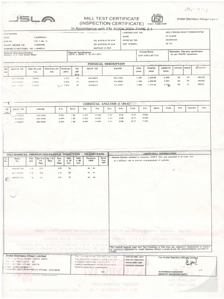 Jindal Stainless Steel 304 Certificate | PDF