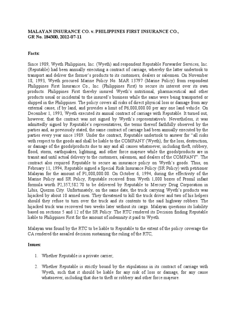 MALAYAN INSURANCE CO V PHIL. FIRST INSURANCE | Download Free PDF ...