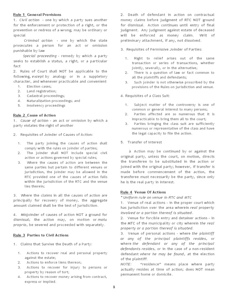 Civil Action and Court Rules Overview | PDF | Pleading | Res Judicata