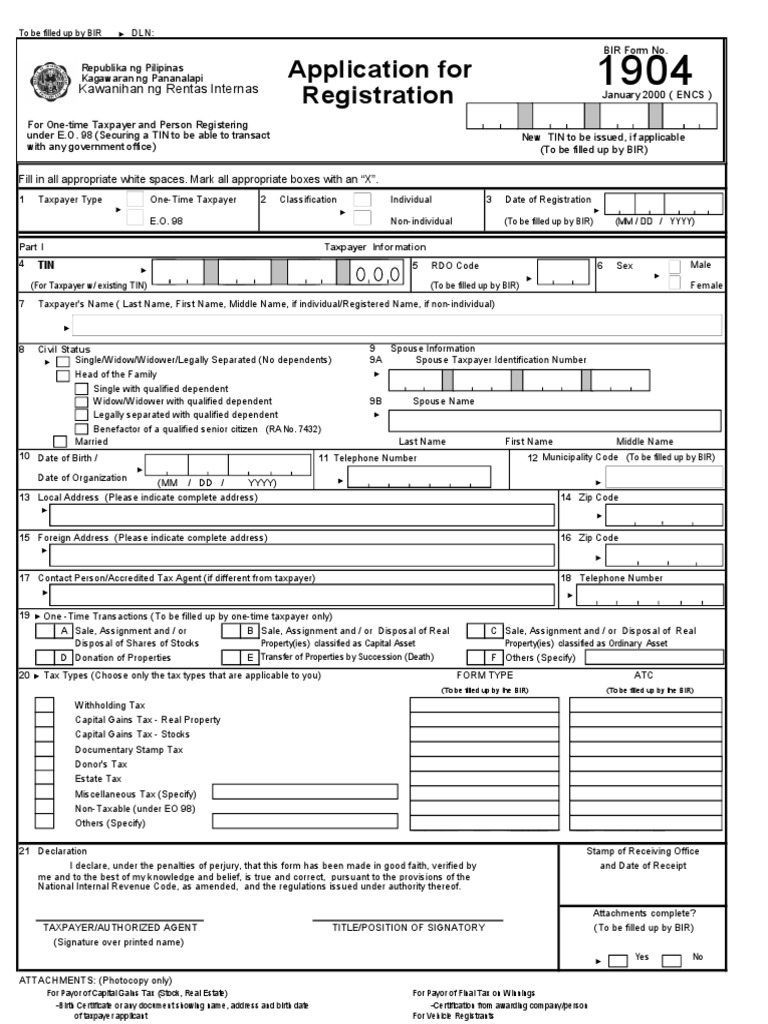 BIR Form 1904 Application Registration | PDF | Taxpayer | Capital Gains Tax BIR Form 1904 Application Registration | PDF | Taxpayer | Capital Gains Tax