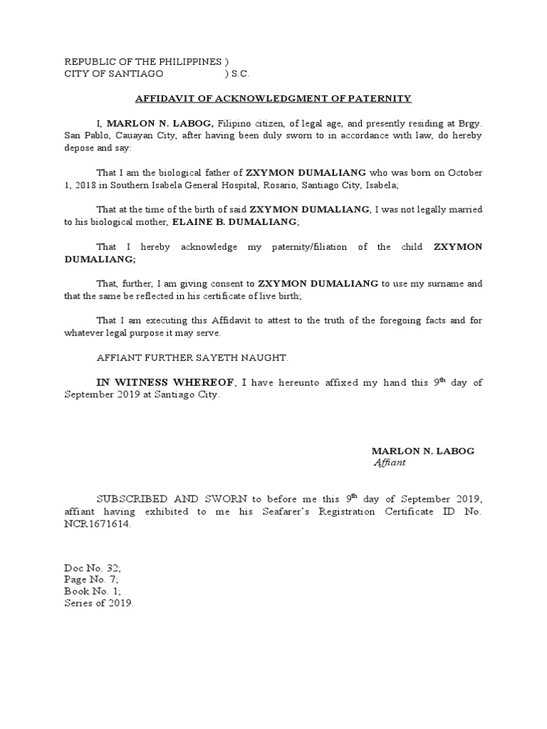 Affidavit of Acknowledgement of Father Paternity - LABOG | PDF