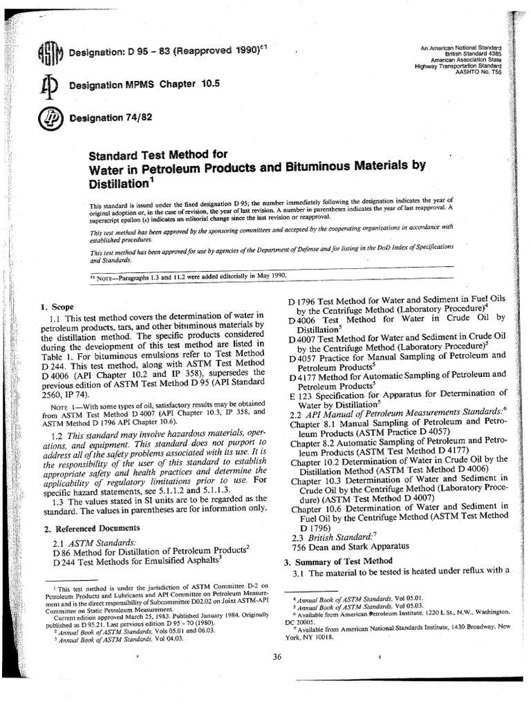 ASTM D95 - 83 Water in Petroleum and Bituminous Materials by D | PDF