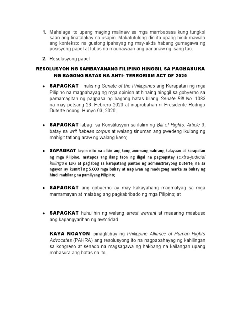 Resolusyon NG Sambayanang Filipino Hinggil Sa Pagbasura NG Bagong Batas ...