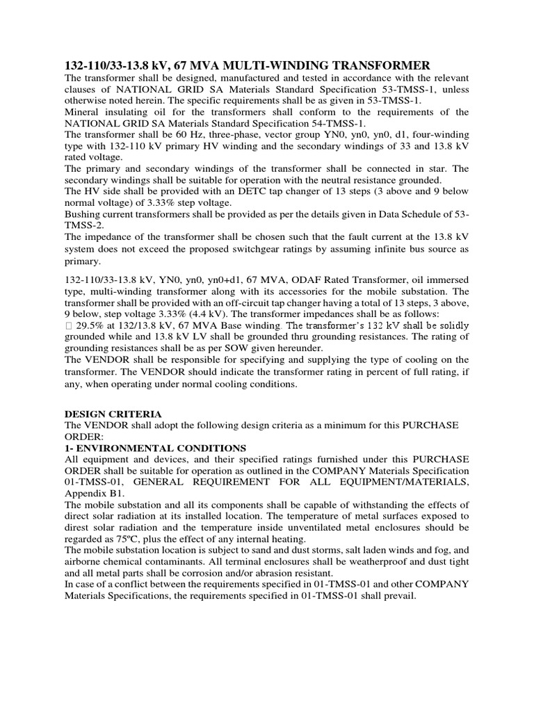 Transformer Specification | PDF | Transformer | Electrical Substation