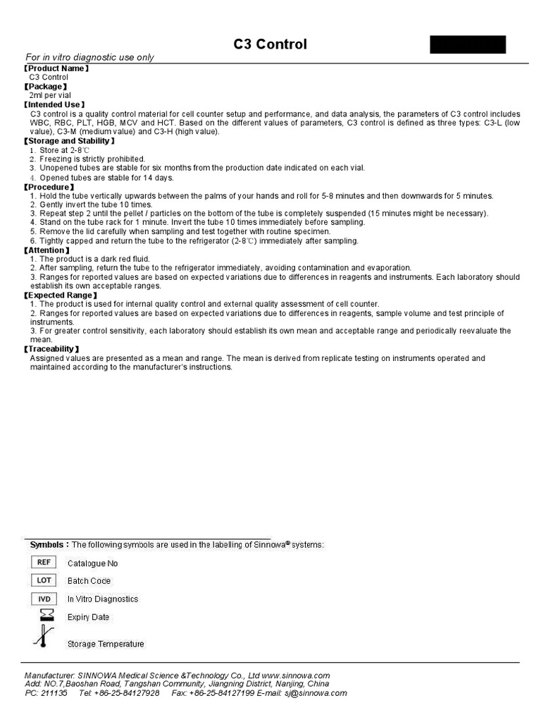 C3 Control: A Quality Control Material for Cell Counters with Expected ...