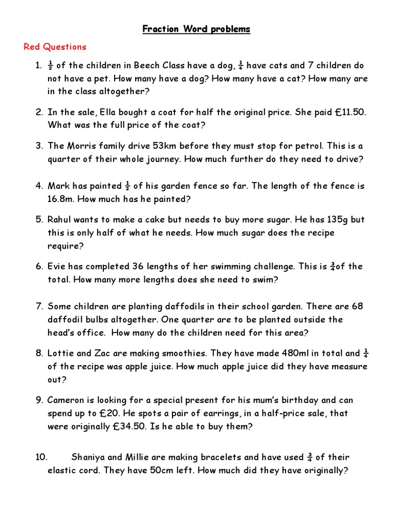 Red Questions: Fraction Word Problems | PDF