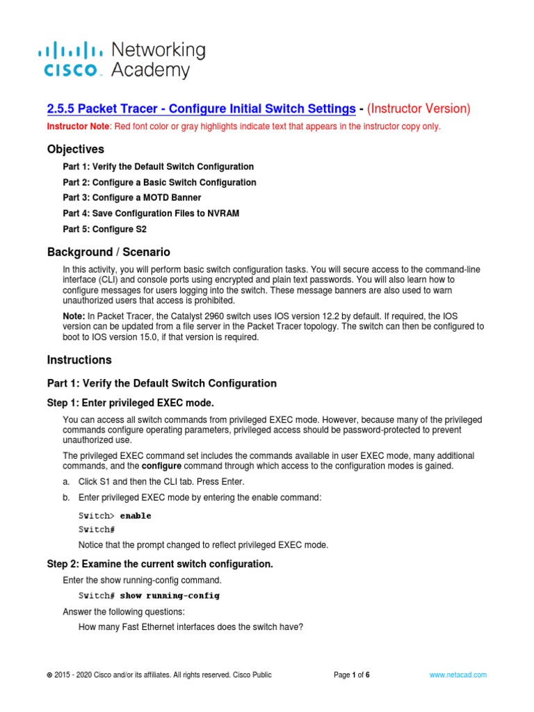 2.5.5 Packet Tracer - Configure Initial Switch Settings | PDF | Command Line Interface | Password