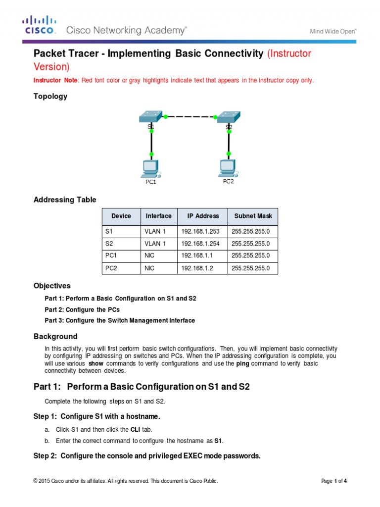 2.7.6 Packet Tracer - Implementing Basic Connectivity - ILM | PDF | Ip Address | Command Line ...