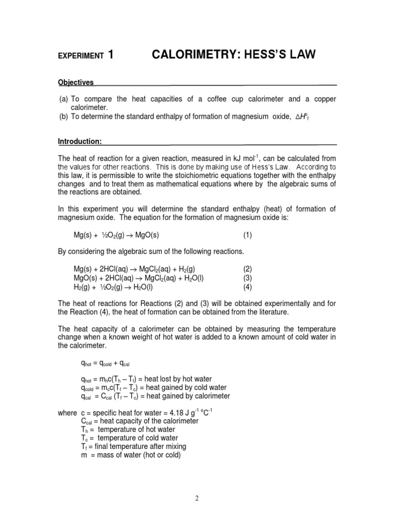 Hess's Law Calorimetry Experiment | PDF | Physical Chemistry ...