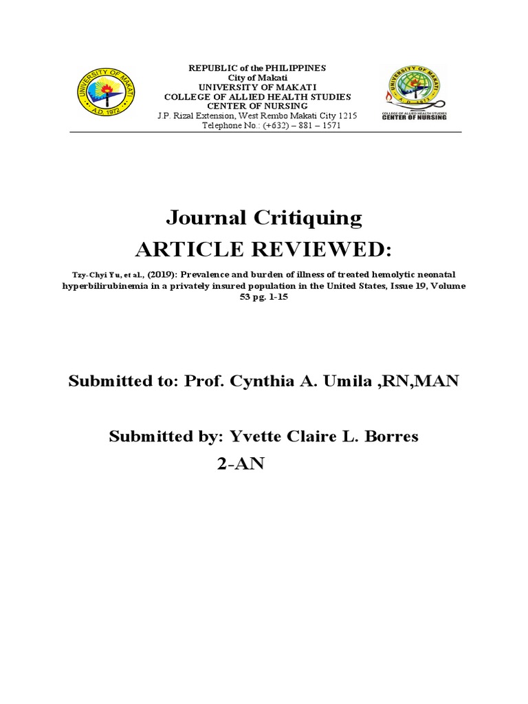 Journal Critiquing Article Reviewed:: Submitted To: Prof. Cynthia A ...