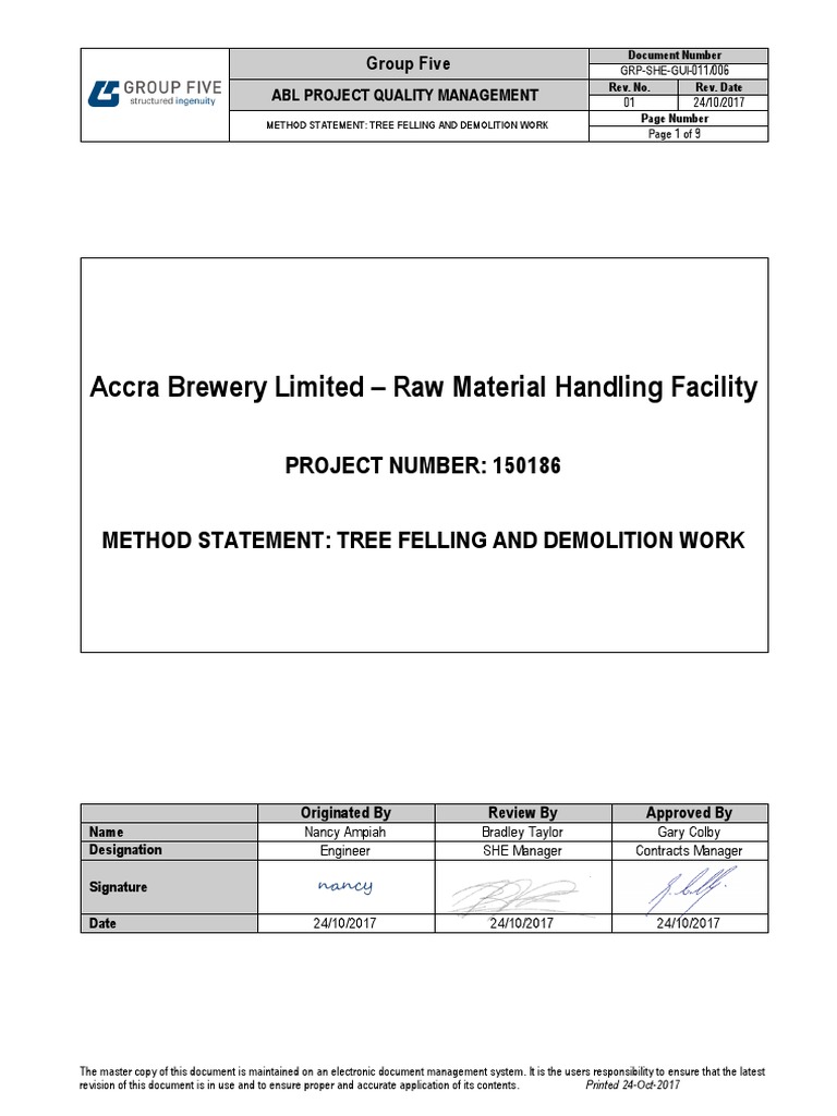GRP-SHE-GUI-011-006 Method Statement - Tree Felling and Demolition Work ...