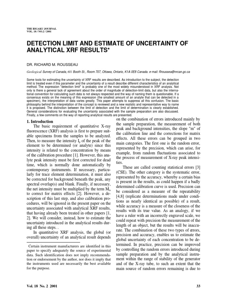 Detection Limit and Estimate of Uncertainty of Analytical XRF Results ...