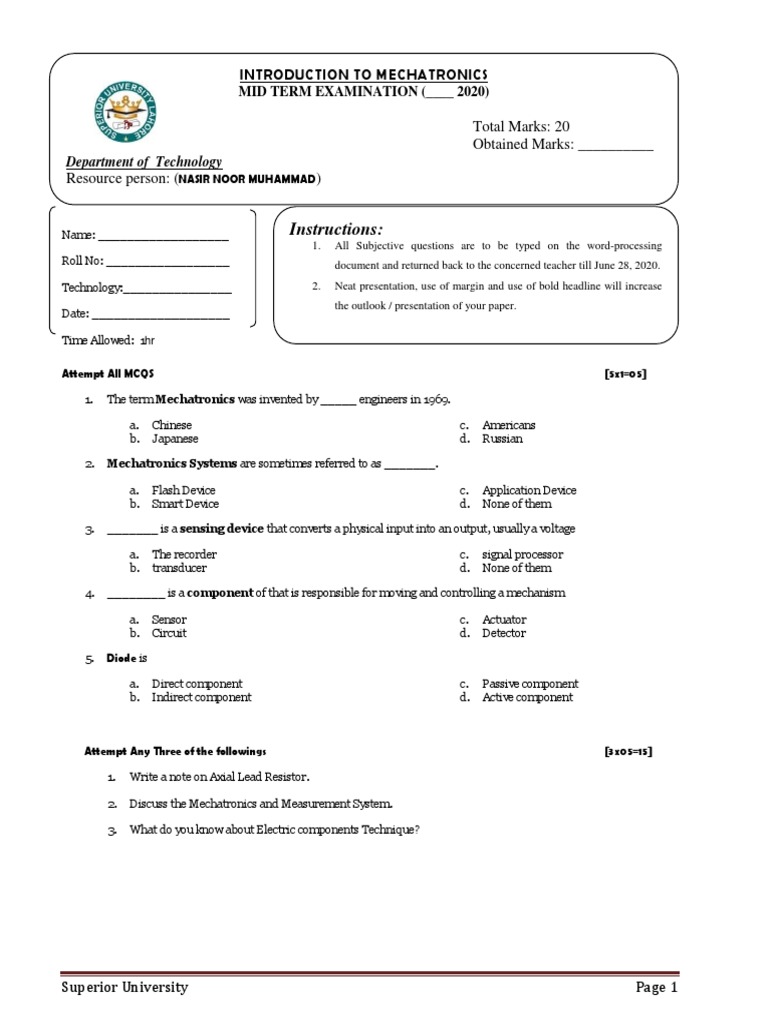 Introduction To Mechatronics Mid Term Paper | PDF | Passivity (Engineering) | Sensor