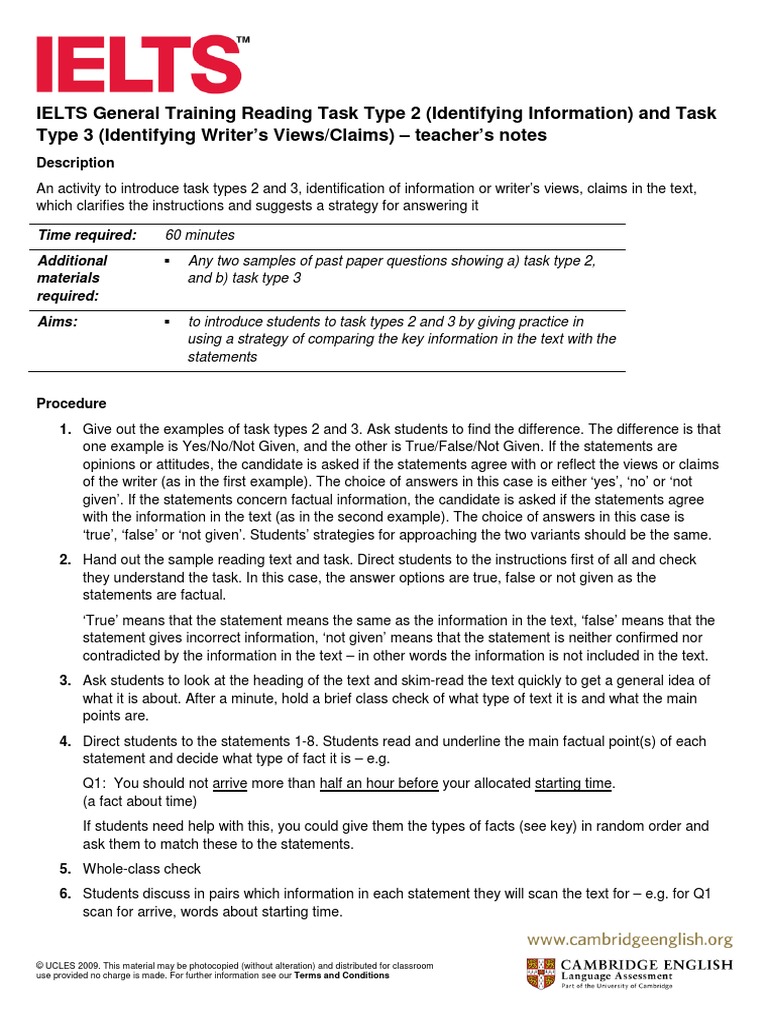 Ielts General Training Reading Task Type 2 Identifying Information and ...