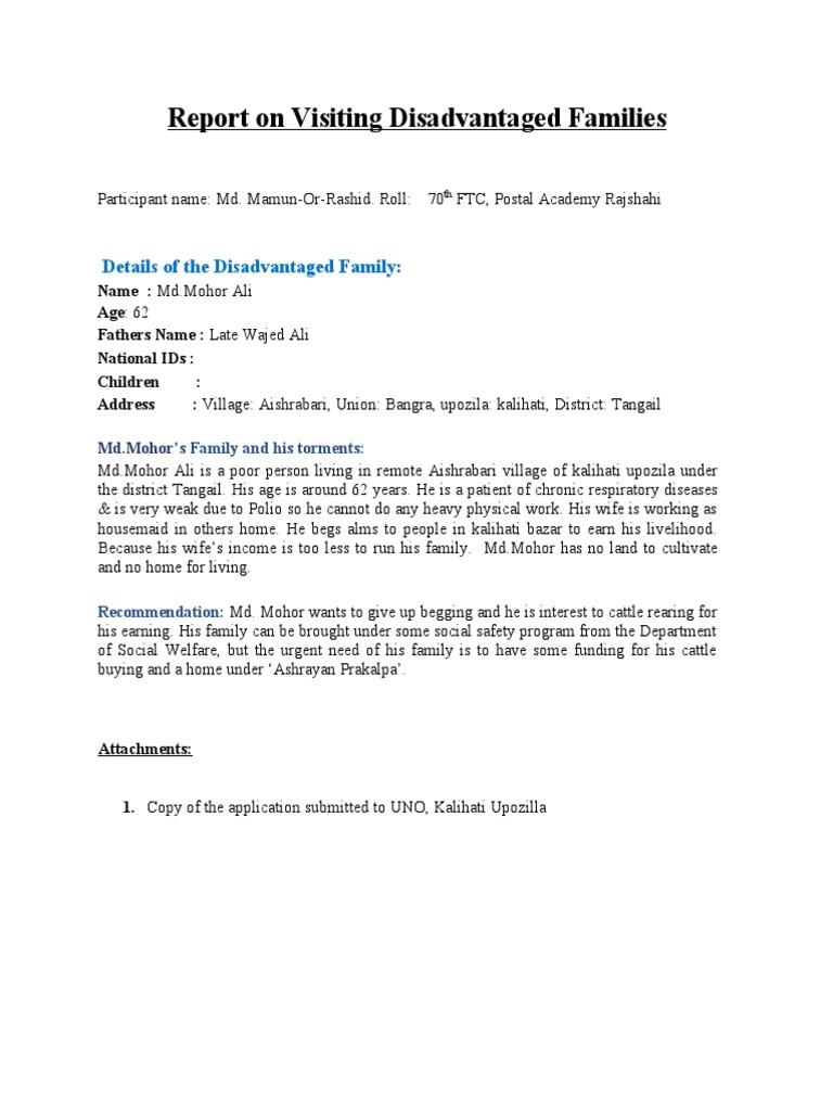 Report On Visiting Disadvantaged Families: Details of The Disadvantaged ...