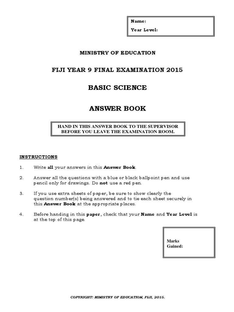 Basic Science Answer Book: Fiji Year 9 Final Examination 2015 | PDF ...
